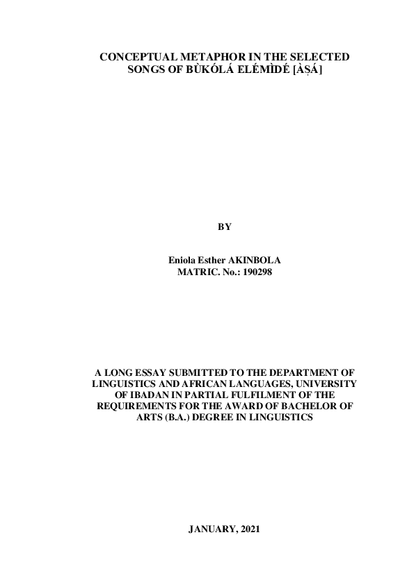 (PDF) CONCEPTUAL METAPHOR IN THE SELECTED SONGS OF BÙKÓLÁ ELÉMIDÉ [ÀS̩ Á