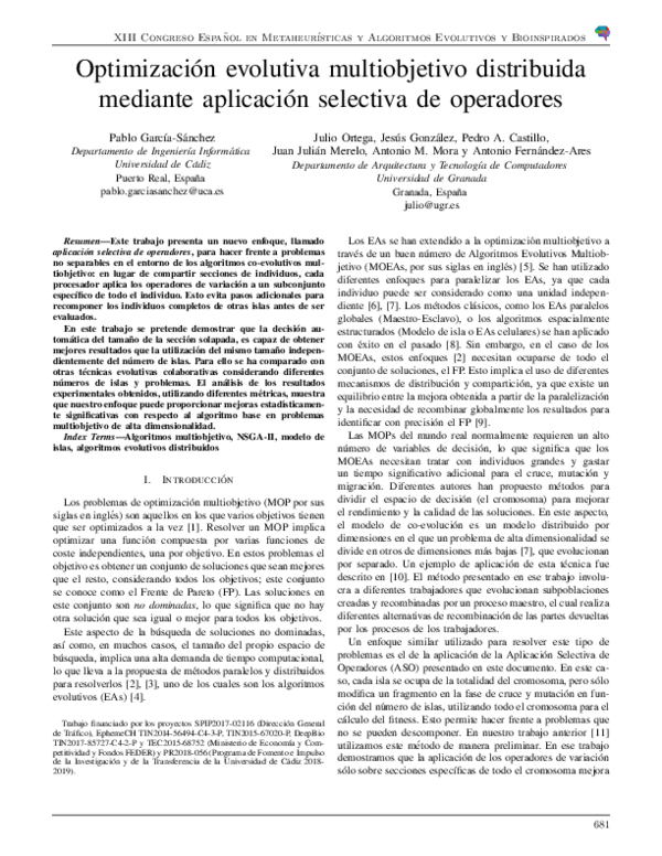 (PDF) Optimización evolutiva multiobjetivo distribuida mediante aplicación selectiva de operadores