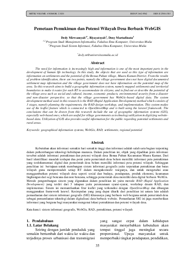 (PDF) Pemetaan Pemukiman dan Potensi Wilayah Desa Berbasis WebGis