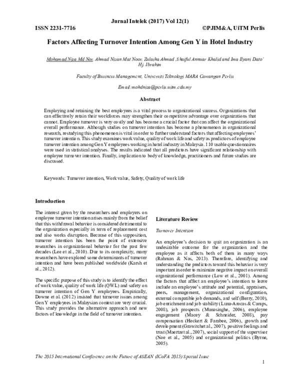 Pdf Factors Affecting Turnover Intention Among Gen Y In Hotel Industry