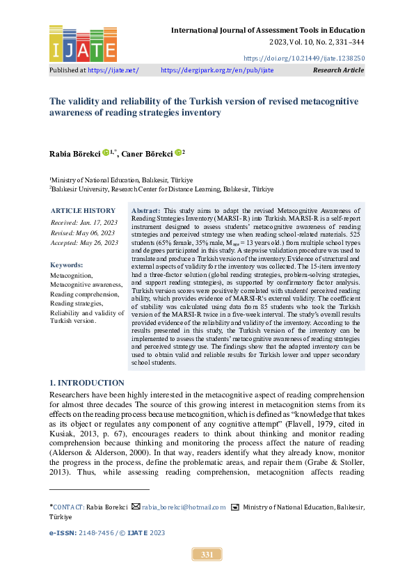 Pdf The Validity And Reliability Of The Turkish Version Of Revised