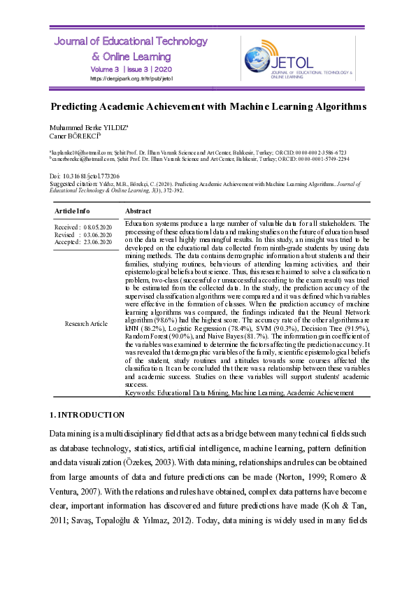 (PDF) Predicting Academic Achievement with Machine Learning Algorithms
