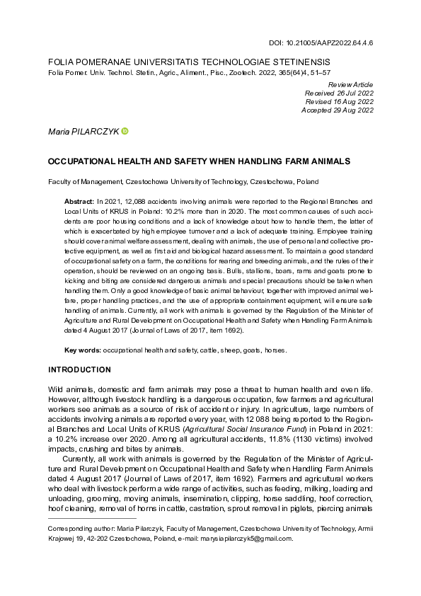 (PDF) Occupational Health and Safety When Handling Farm Animals