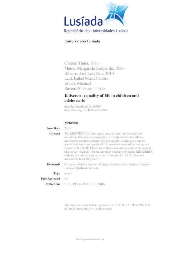 (PDF) Kidscreen : quality of life in children and adolescents