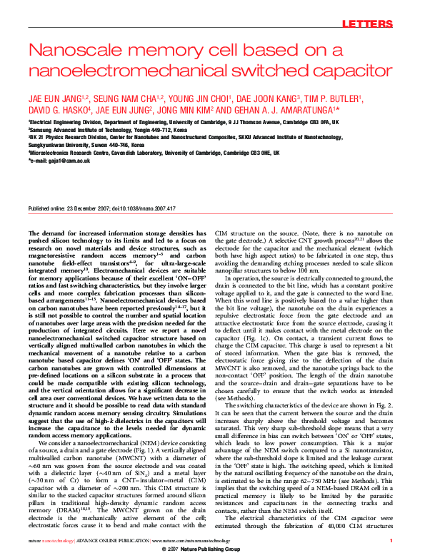 (PDF) Nanoscale memory cell based on a nanoelectromechanical switched capacitor