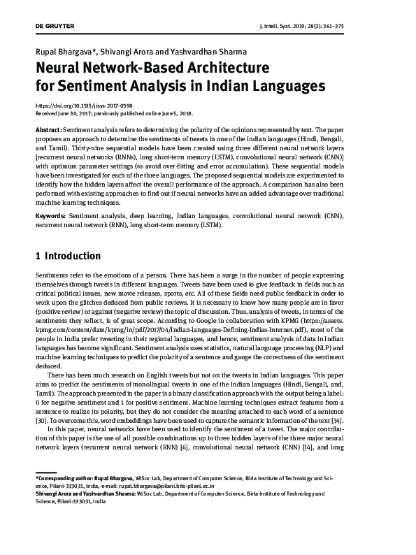 (PDF) Neural Network-Based Architecture for Sentiment Analysis in Indian Languages