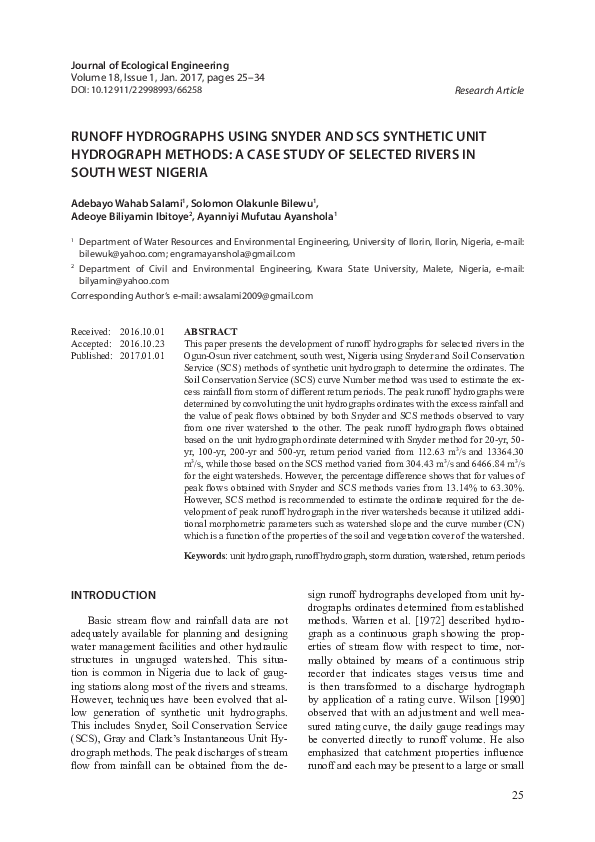 (PDF) 25 Runoff Hydrographs Using Snyder and SCS Synthetic Unit Hydrograph Methods : A Case ...