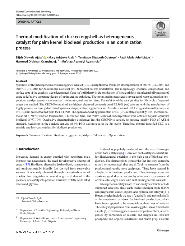 (PDF) Thermal modification of chicken eggshell as heterogeneous ...