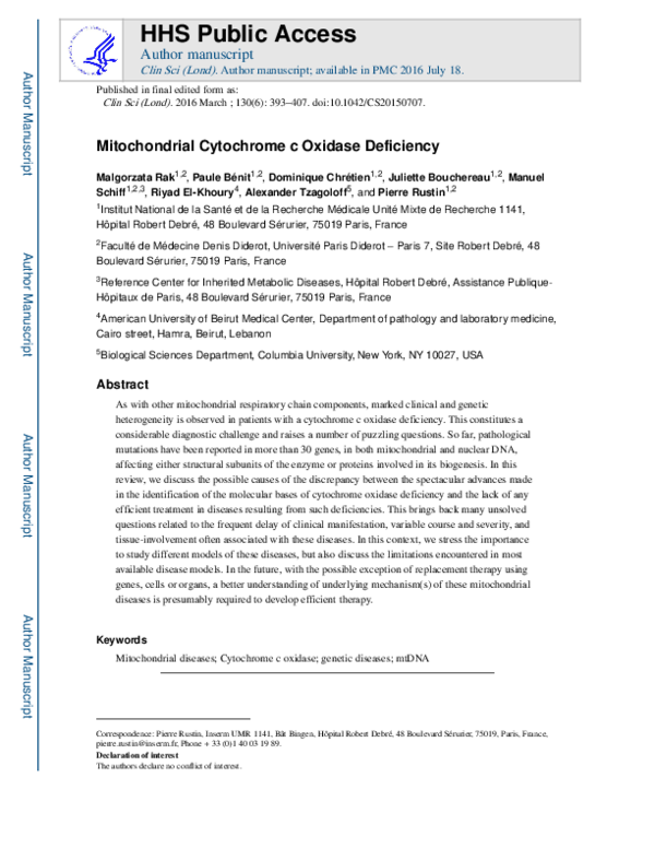 (PDF) Mitochondrial cytochrome c oxidase deficiency
