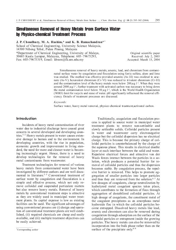 (PDF) Simultaneous removal of heavy metals from surface water by ...