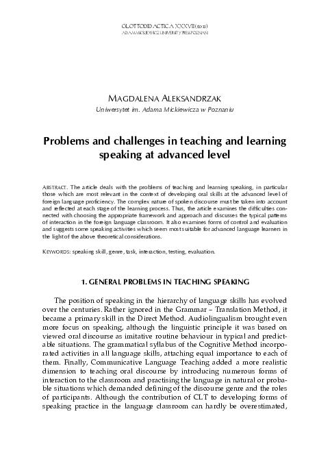 (PDF) Problems and challenges in teaching and learning speaking at ...