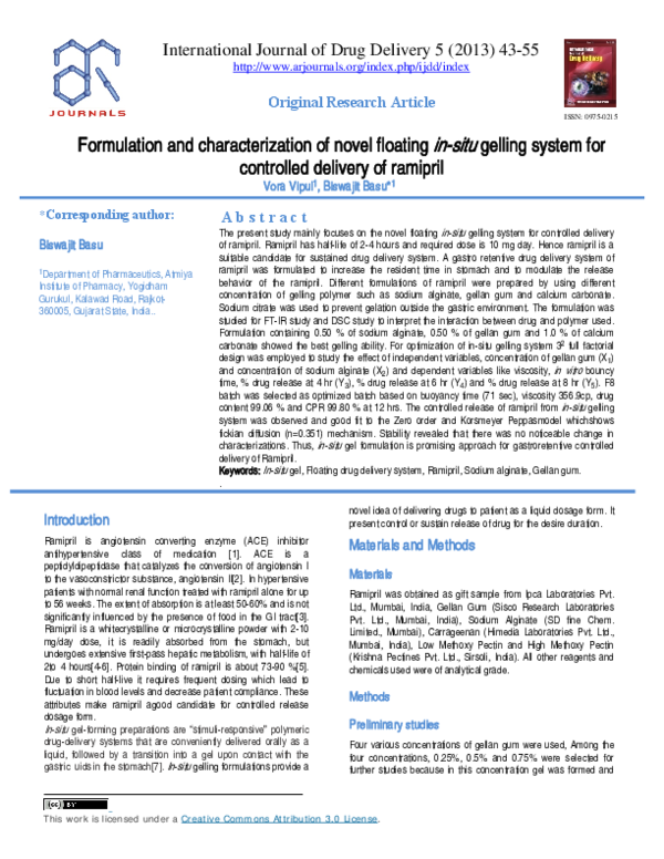 Pdf Formulation And Characterization Of Novel Floating In Situ Gelling System For Controlled