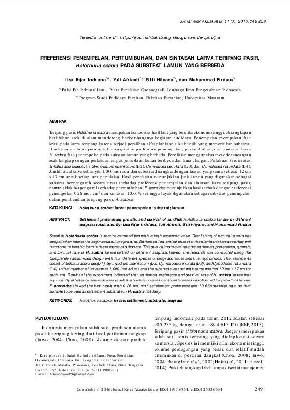 (PDF) PREFERENSI PENEMPELAN, PERTUMBUHAN, DAN SINTASAN LARVA TERIPANG ...