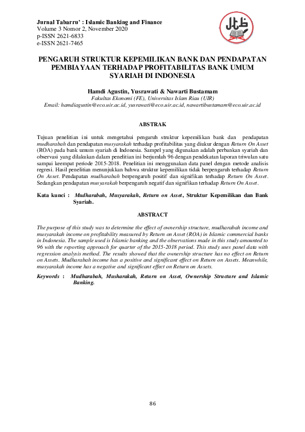 (PDF) Pengaruh Struktur Kepemilikan Bank Dan Pendapatan Pembiayaan Terhadap Profitabilitas Bank ...