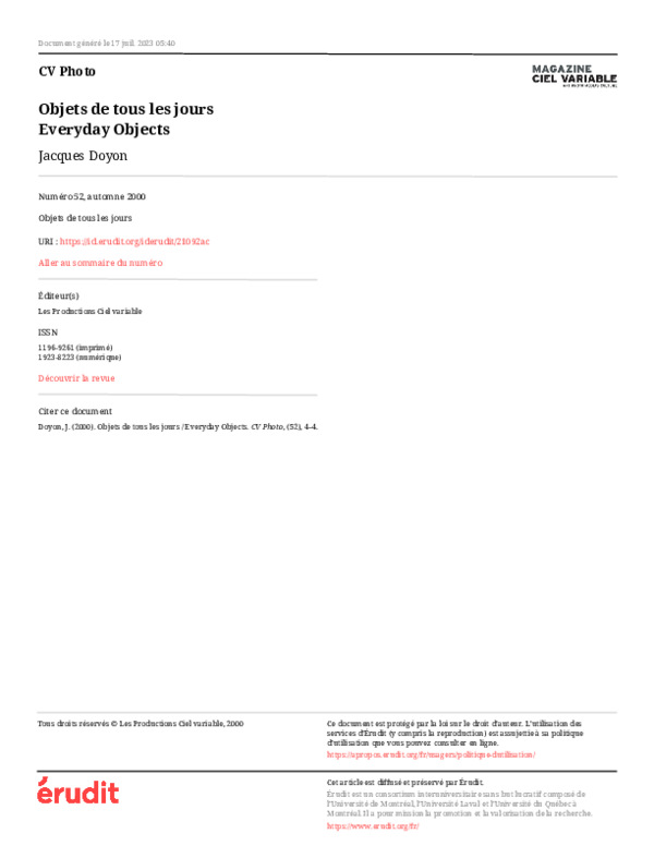 (PDF) Objets de tous les jours / Everyday Objects