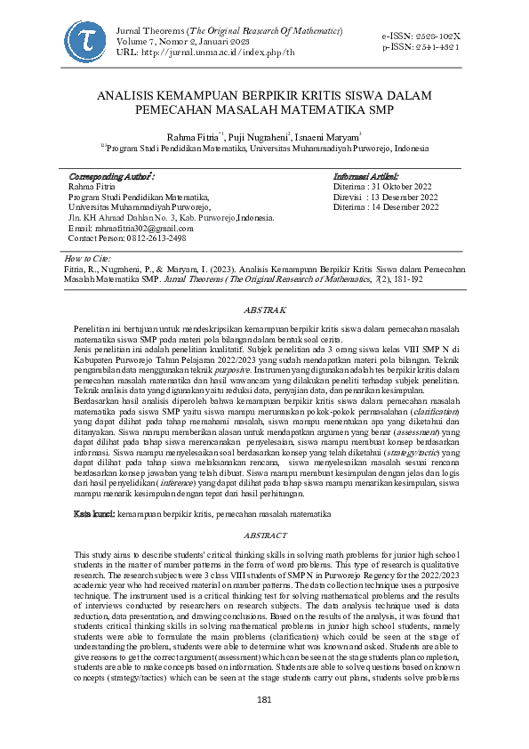 (PDF) Analisis Kemampuan Berpikir Kritis Siswa Dalam Pemecahan Masalah Matematika SMP