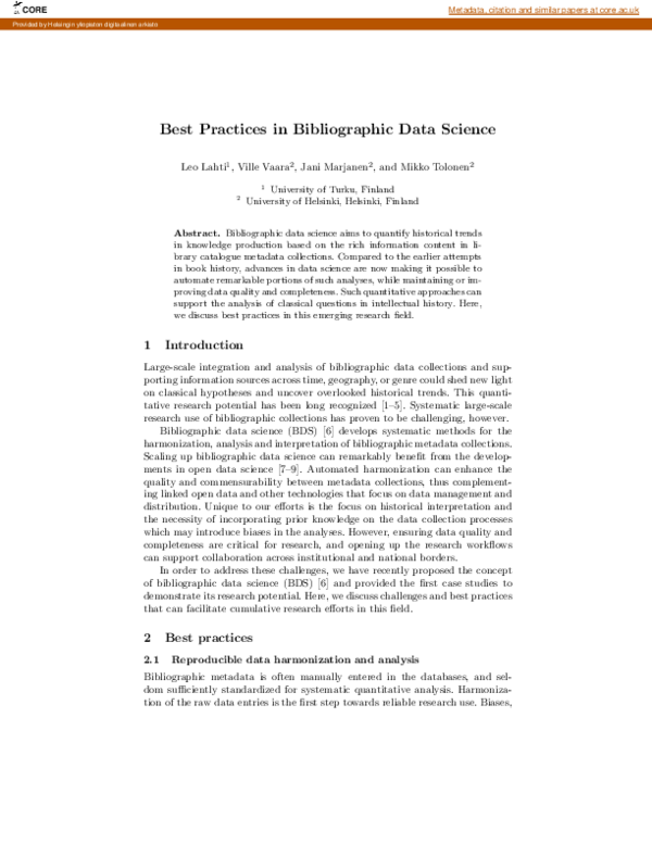 (PDF) Best practices in bibliographic data science