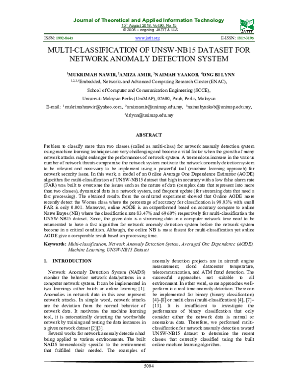 (PDF) Multi-classification of UNSW-NB15 Dataset for Network Anomaly Detection System | Aditi Roy ...