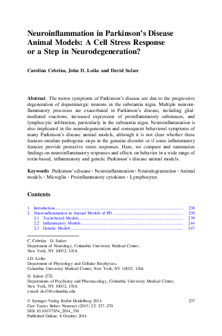 (PDF) Neuroinflammation in Parkinson’s Disease Animal Models: A Cell Stress Response or a Step ...