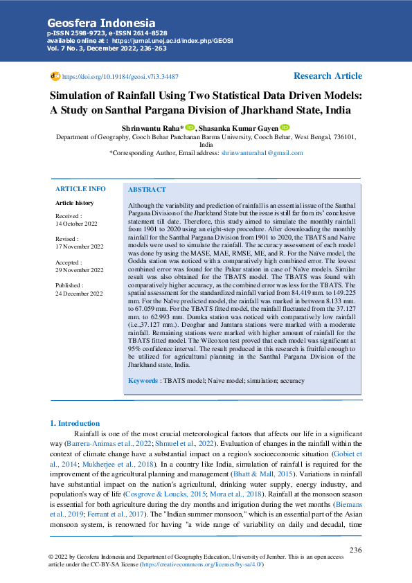 Pdf Simulation Of Rainfall Using Two Statistical Data Driven Models