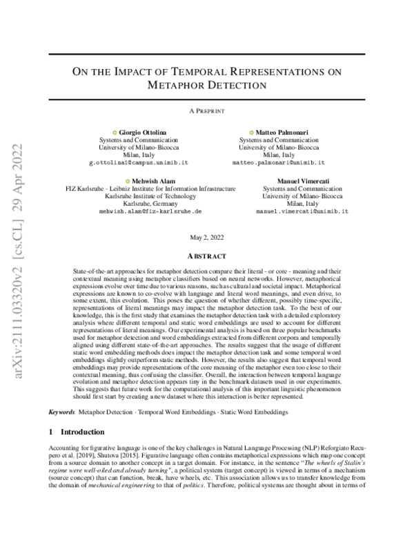 Pdf On The Impact Of Temporal Representations On Metaphor Detection