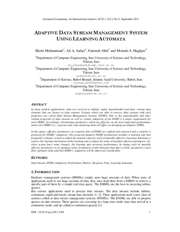 (PDF) Adaptive Data Stream Management System Using Learning Automata
