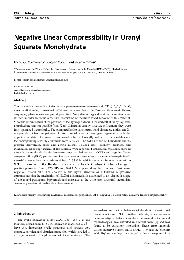 (PDF) Negative Linear Compressibility in Uranyl | Francisco Colmenero - Academia.edu