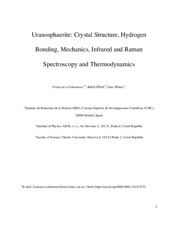 (PDF) Uranosphaerite: Crystal structure, hydrogen bonding, mechanics, infrared and Raman ...