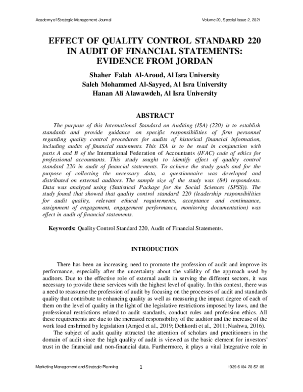 (PDF) Effect of Quality Control Standard 220 in Audit of Financial ...