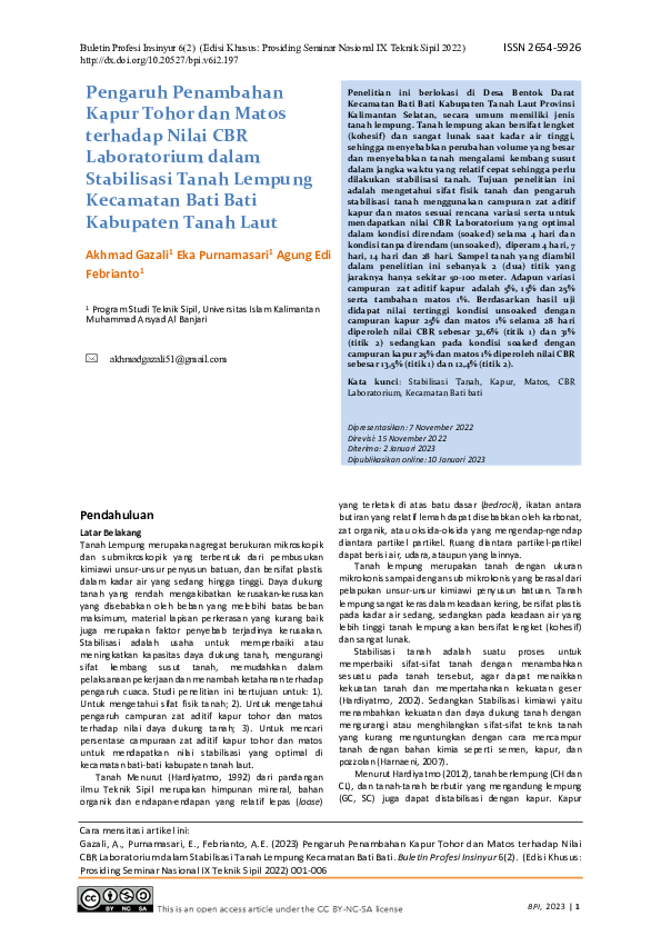 (PDF) Pengaruh Penambahan Kapur Tohor dan Matos terhadap Nilai CBR Laboratorium dalam ...