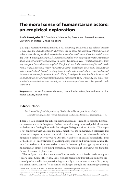 (PDF) The moral sense of humanitarian actors: an empirical exploration