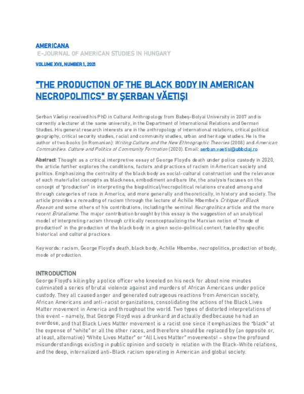 (PDF) The Production of the Black Body in American Necropolitics