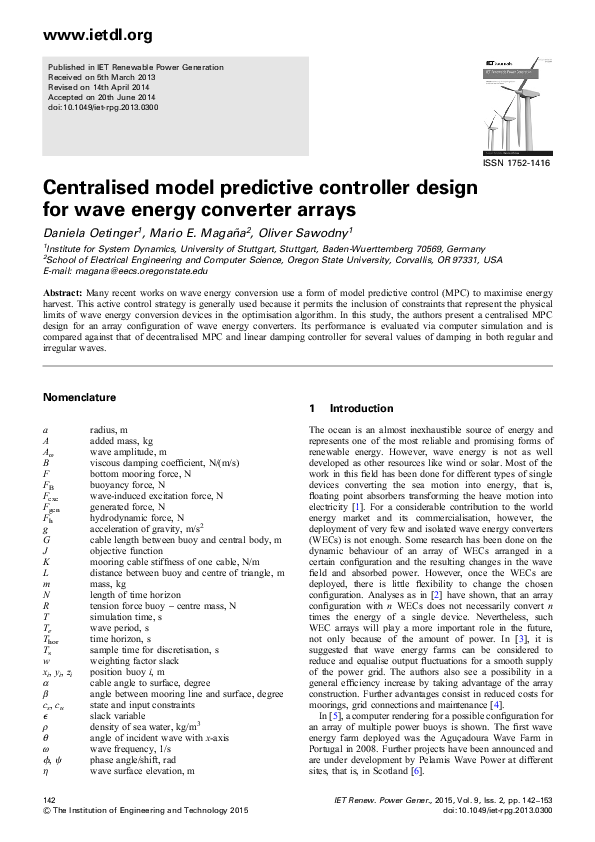 (PDF) Centralised model predictive controller design for wave energy converter arrays