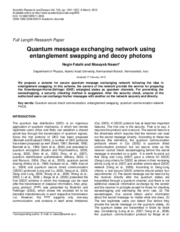 (PDF) Quantum message exchanging network using entanglement swapping and decoy photons