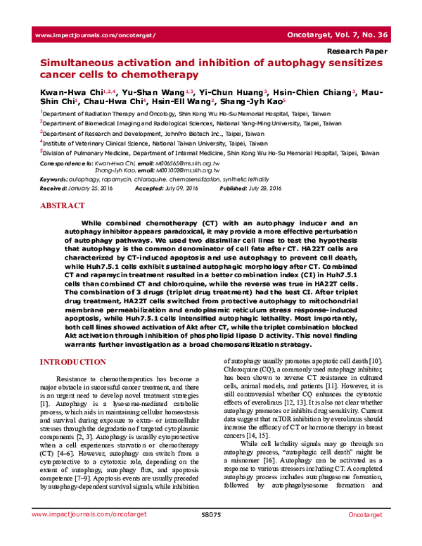 Pdf Simultaneous Activation And Inhibition Of Autophagy Sensitizes Cancer Cells To Chemotherapy