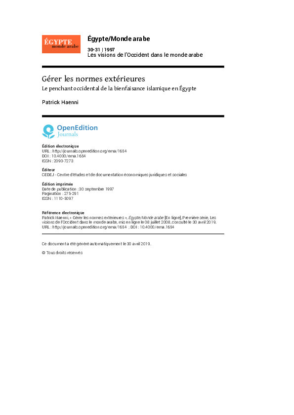 (PDF) Gérer les normes extérieures | Patrick Haenni - Academia.edu