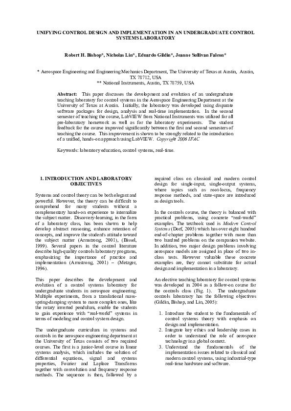 Pdf Unifying Control Design And Implementation In An Undergraduate Control Systems Laboratory