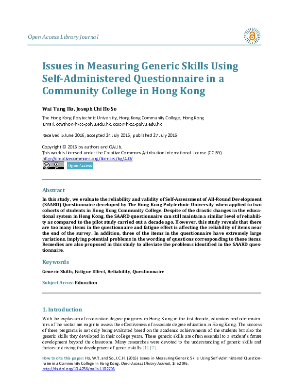 (PDF) Issues in Measuring Generic Skills Using Self-Administered Questionnaire in a Community ...