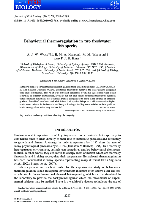 (PDF) Behavioural thermoregulation in two freshwater fish species