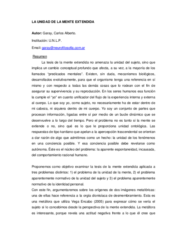(PDF) La unidad de la mente extendida