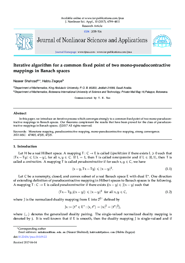 (PDF) Iterative algorithm for a common fixed point of two mono-pseudocontractive mappings in ...