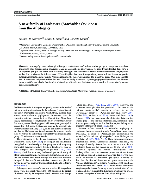 (PDF) A new family of Laniatores (Arachnida:Opiliones) from the Afrotropics