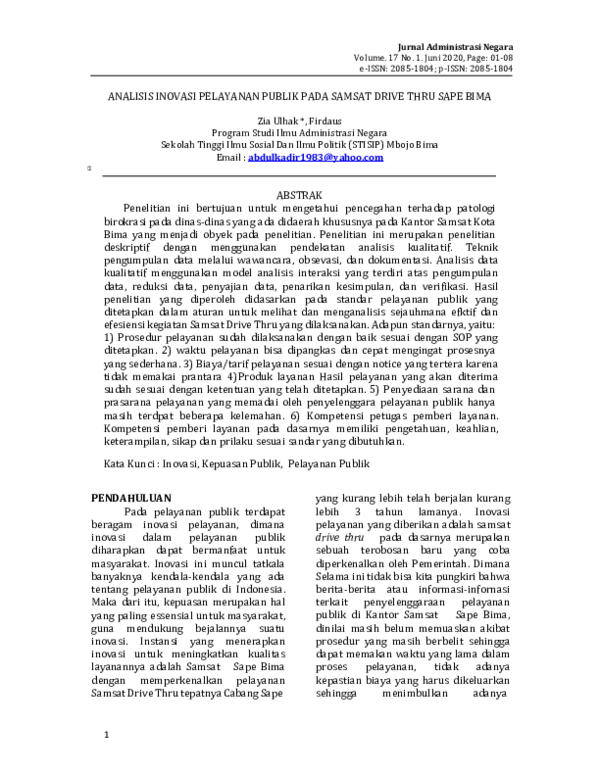 (PDF) Analisis Inovasi Pelayanan Publik Pada Samsat Drive Thru Sape Bima