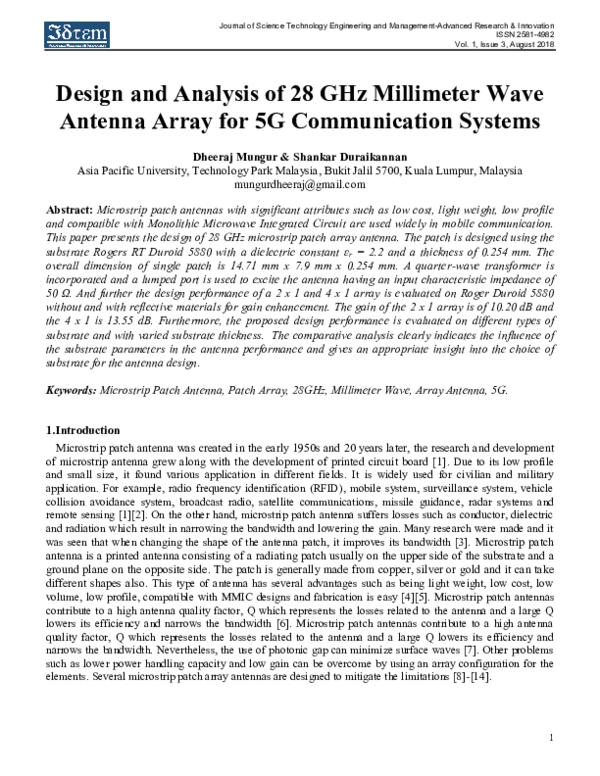 (PDF) Design and Analysis of 28 GHz Millimeter Wave Antenna Array for 5 ...