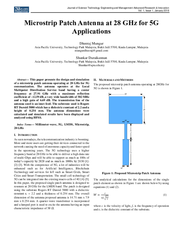 (PDF) Microstrip Patch Antenna at 28 GHz for 5 G Applications