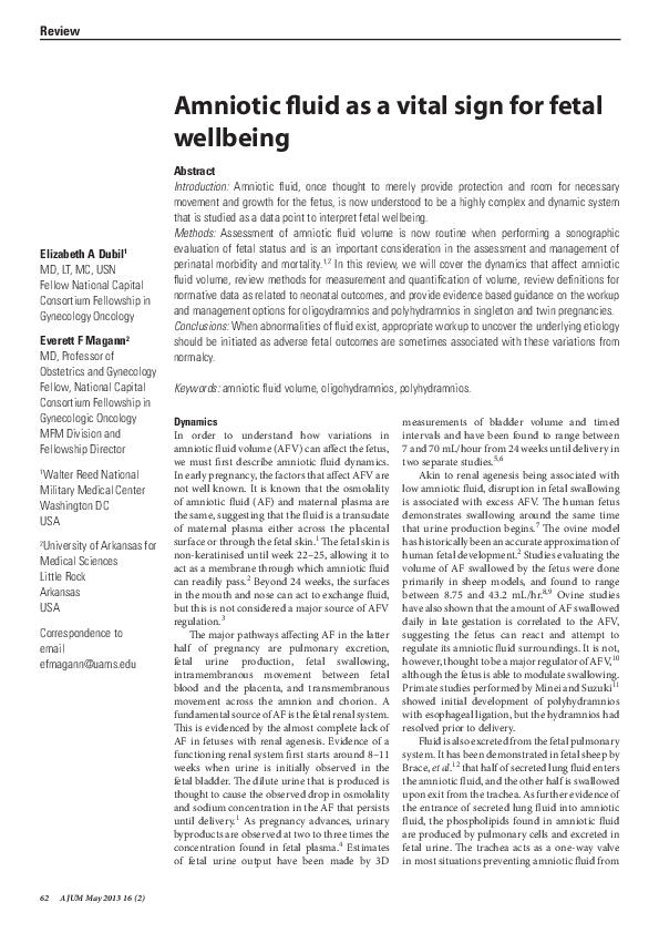 (PDF) Amniotic fluid as a vital sign for fetal wellbeing
