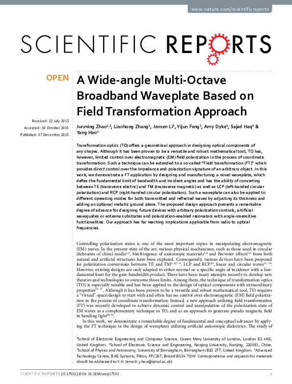 (PDF) A Wide-angle Multi-Octave Broadband Waveplate Based on Field ...