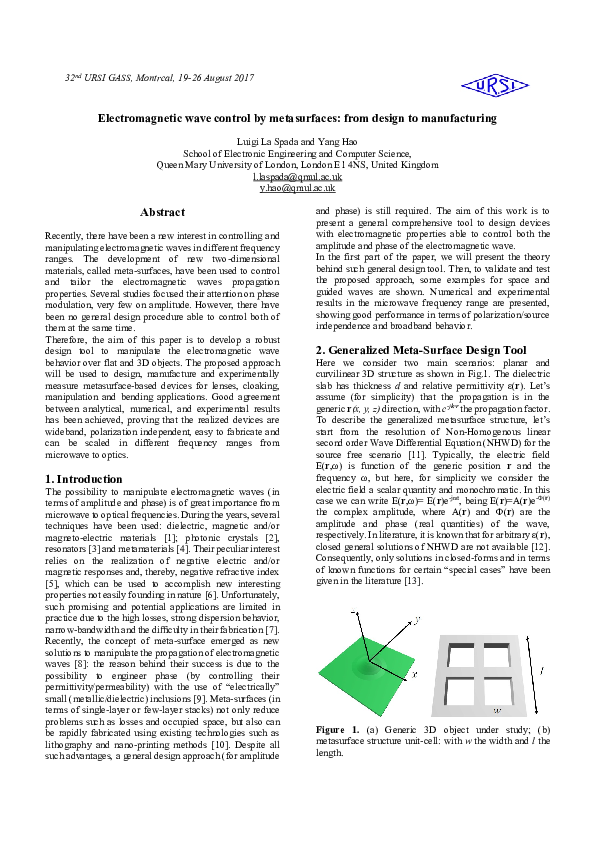 (PDF) Electromagnetic wave control by metasurfaces: From design to ...