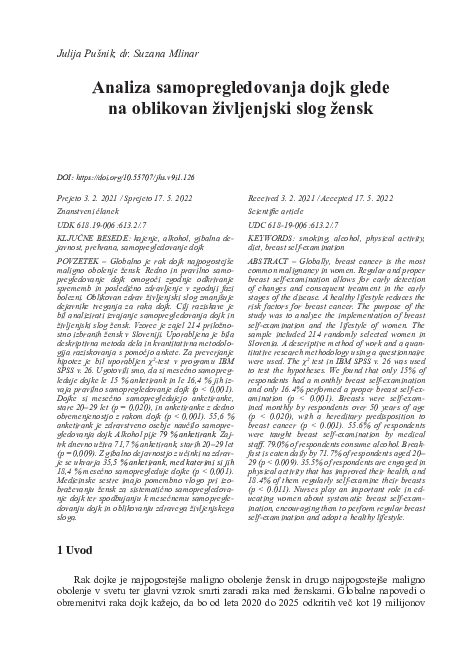(PDF) Analiza samopregledovanja dojk glede na oblikovan življenjski ...