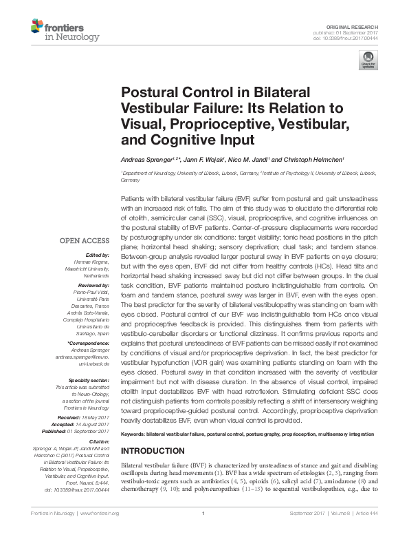 (PDF) Postural Control in Bilateral Vestibular Failure: Its Relation to Visual, Proprioceptive ...